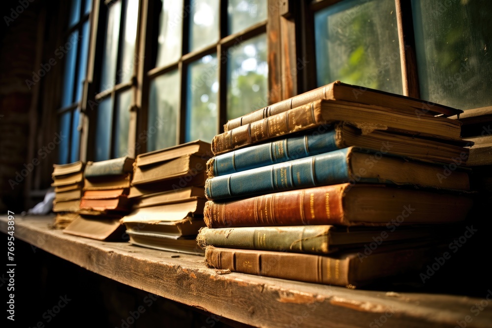 Pile of old books on a wooden shelf in an old school library Stock ...