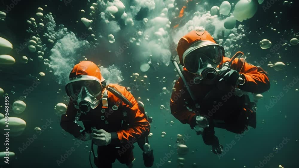 Two people with diving equipment swimming under sea water with bubbles ...