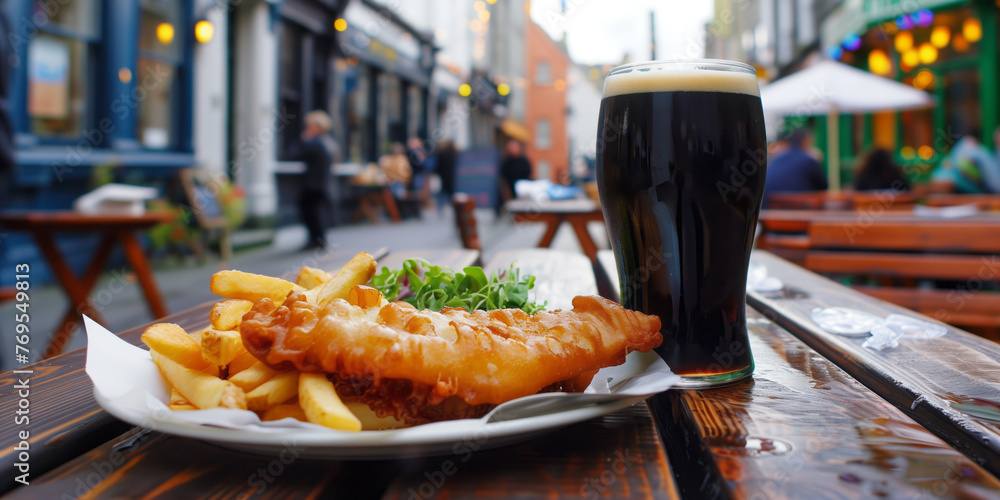 Delicious fish and chips on wooden table of outdoor cafe in Ireland ...