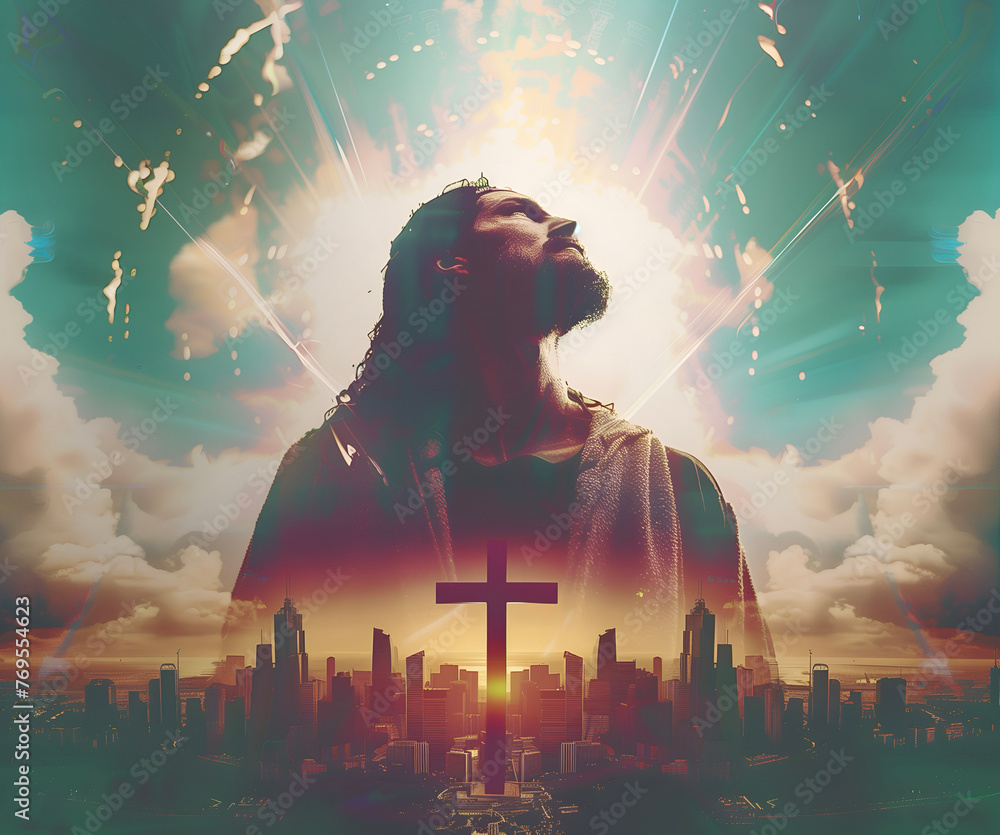 Double exposure image of Jesus Christ, Christian cross and skyscrapers ...