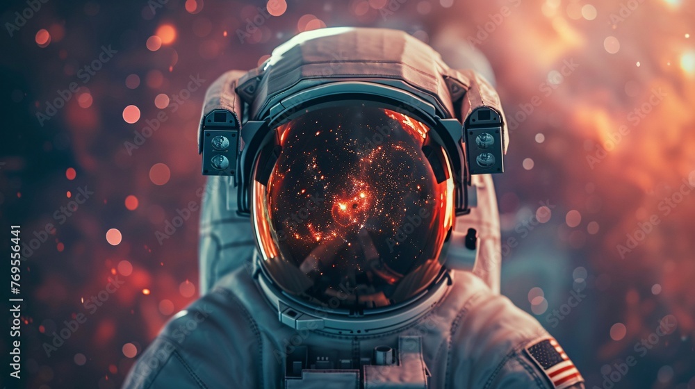 Astronaut's helmet reflecting a stunning infinity space vista. Hyper ...