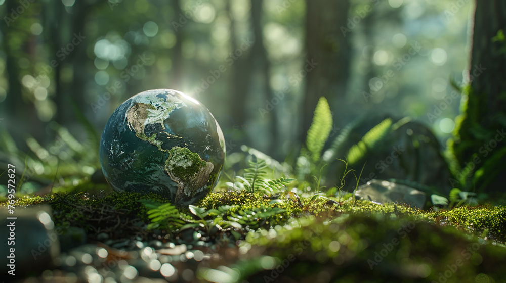 Globe in the green forest. Conceptual image of environmental ...