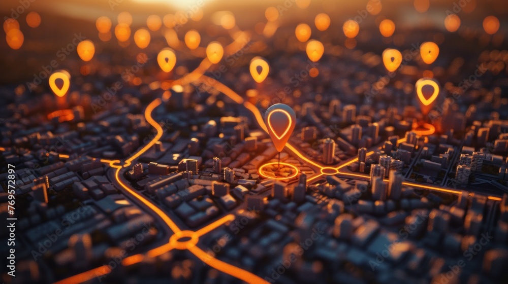 Digital pinpoint markers show different locations on a map. AI in GPS ...