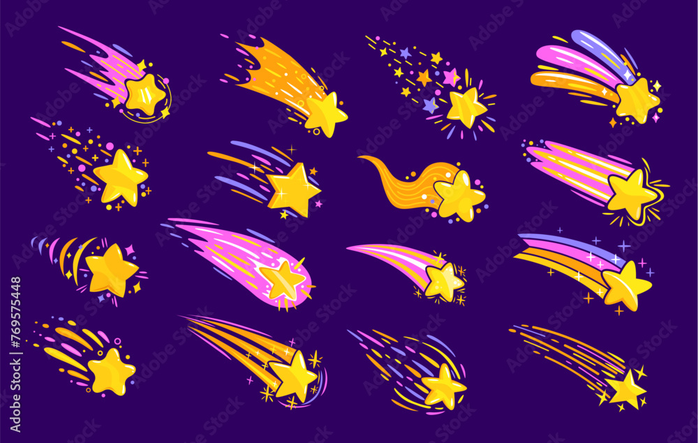 Cartoon shooting space stars with trails, falling galaxy comets and ...