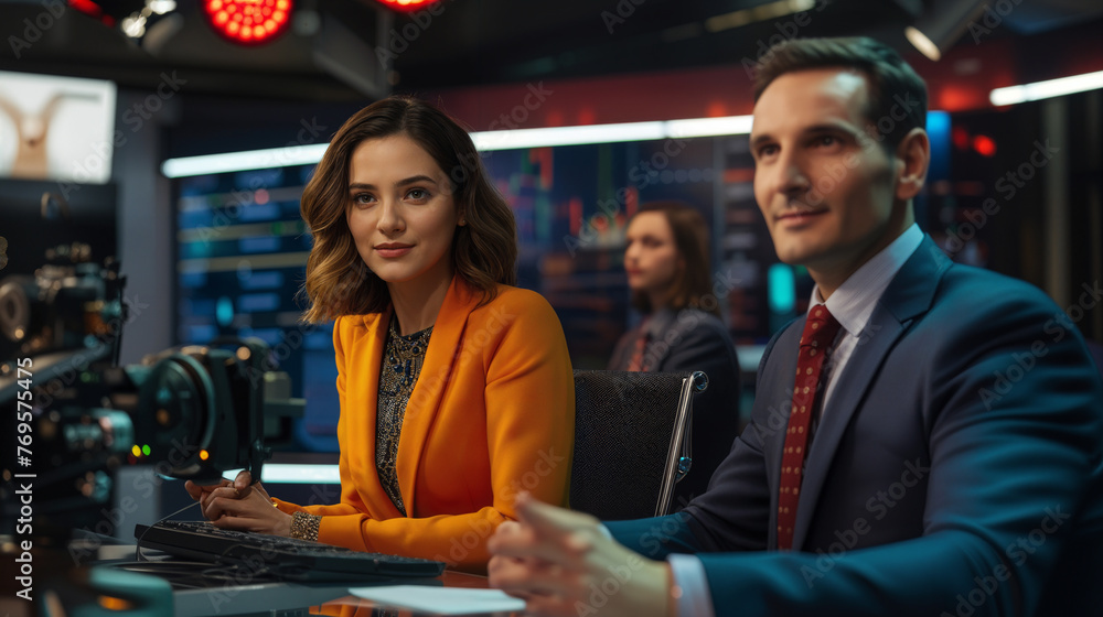 Broadcasters address news topics in a modern television studio set ...