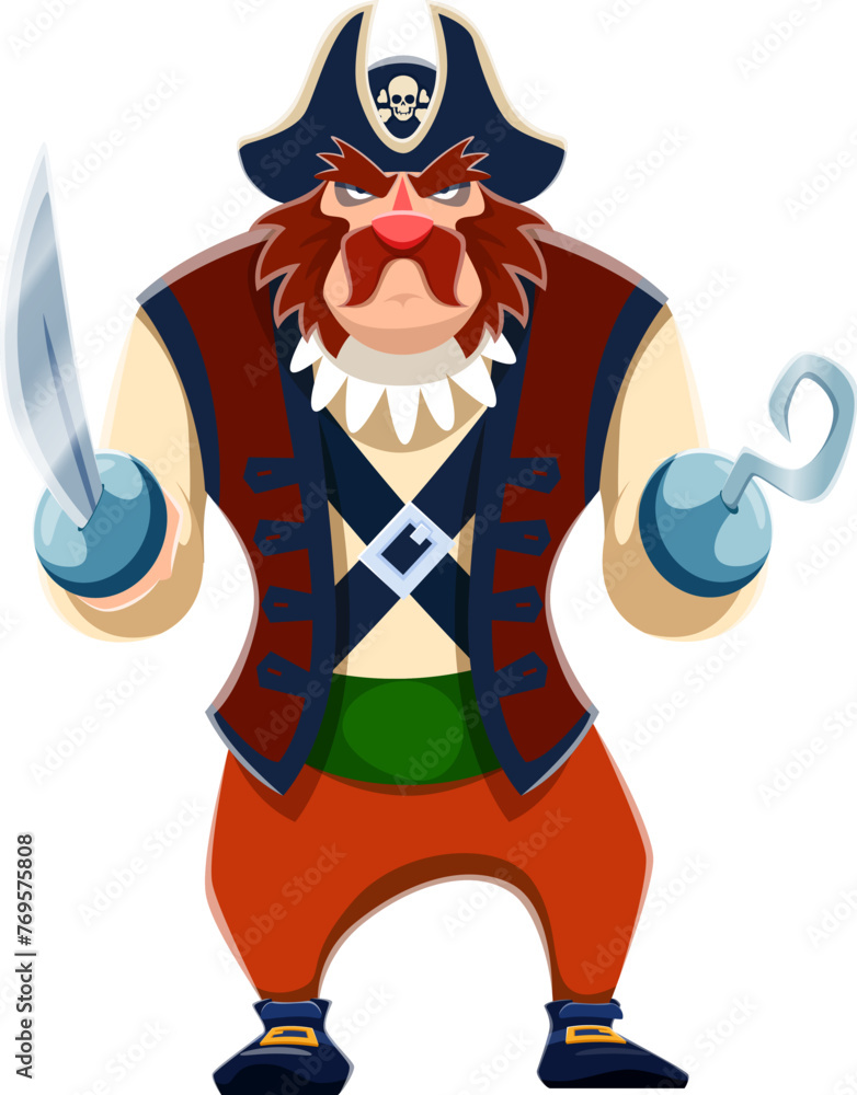 Cartoon pirate sailor character with hook. Isolated vector sea captain corsair, swashbuckling ...