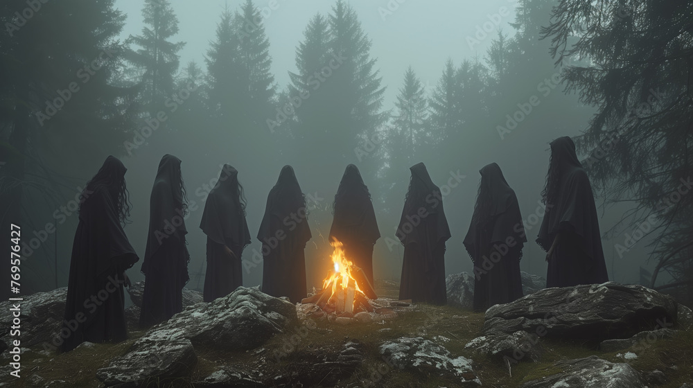 Coven of witches, a group of people as witches or necromancer meet ...
