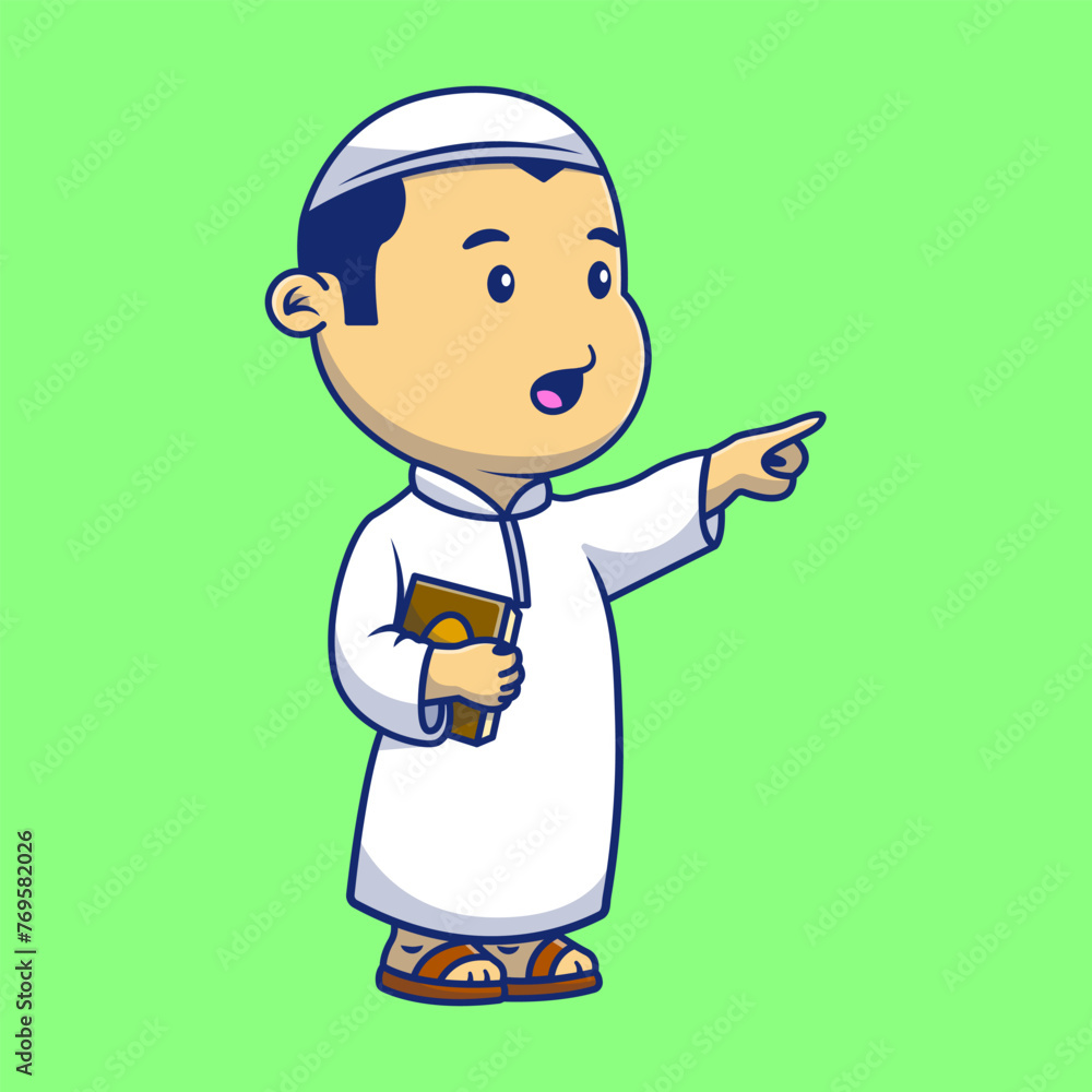 Cute Moslem Boy Holding Holy Quran Cartoon Vector Icons Illustration ...