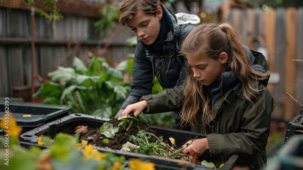 Family composting food waste, recycling food and reduce waste. Parents ...