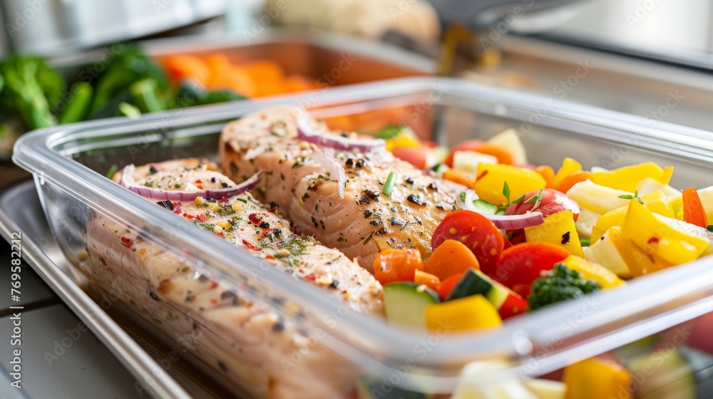 Preparing healthy food in containers for the work week for large family ...