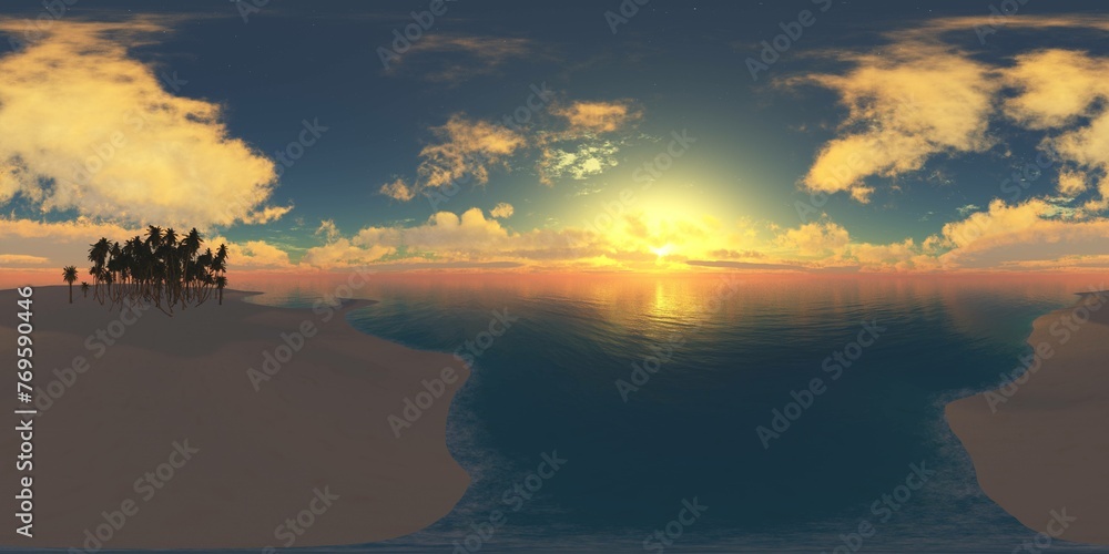Tropical island with a palm tree at sunset. HDRI, environment map ...