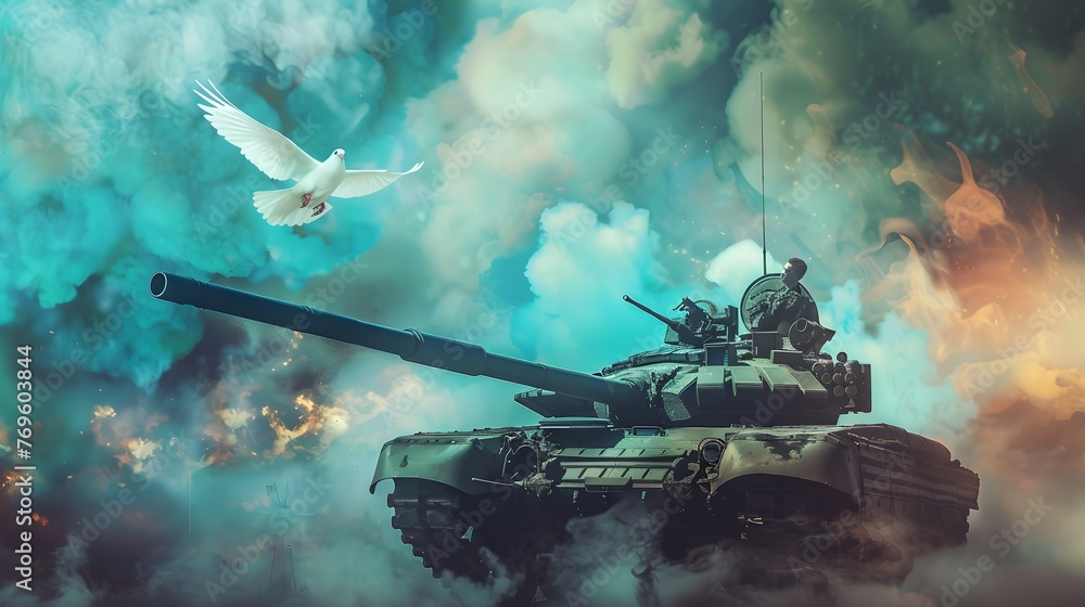 Surreal Battle Scene with Tank and Dove Amidst Colorful Fog. Conceptual ...