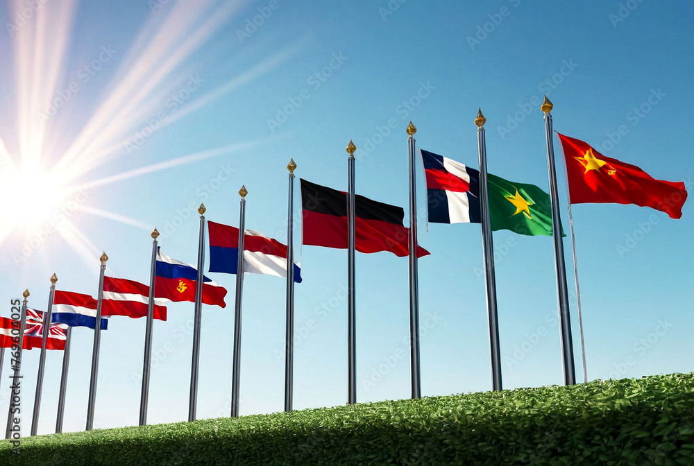 Flags different countries on high flagpoles. National flag different ...
