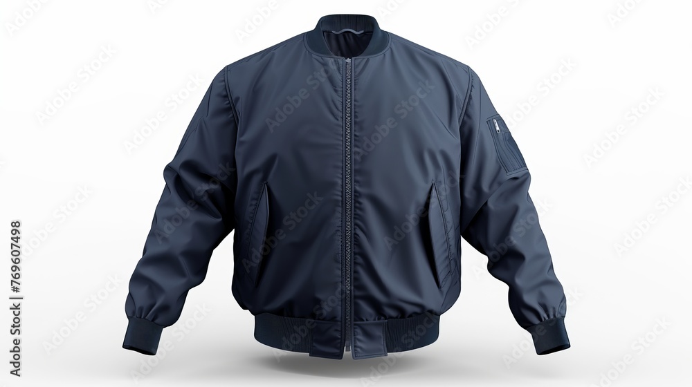 A blank bomber jacket in navy blue, displayed in a front view on a ...