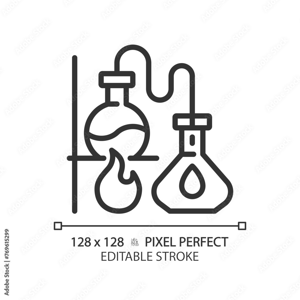 Distillation linear icon. Chemistry lab. Boiling flask. Chemical ...