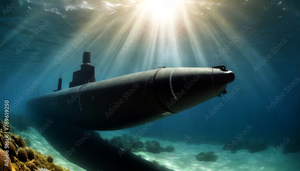 Bottom view and side view of a black nuclear military submarine moving ...