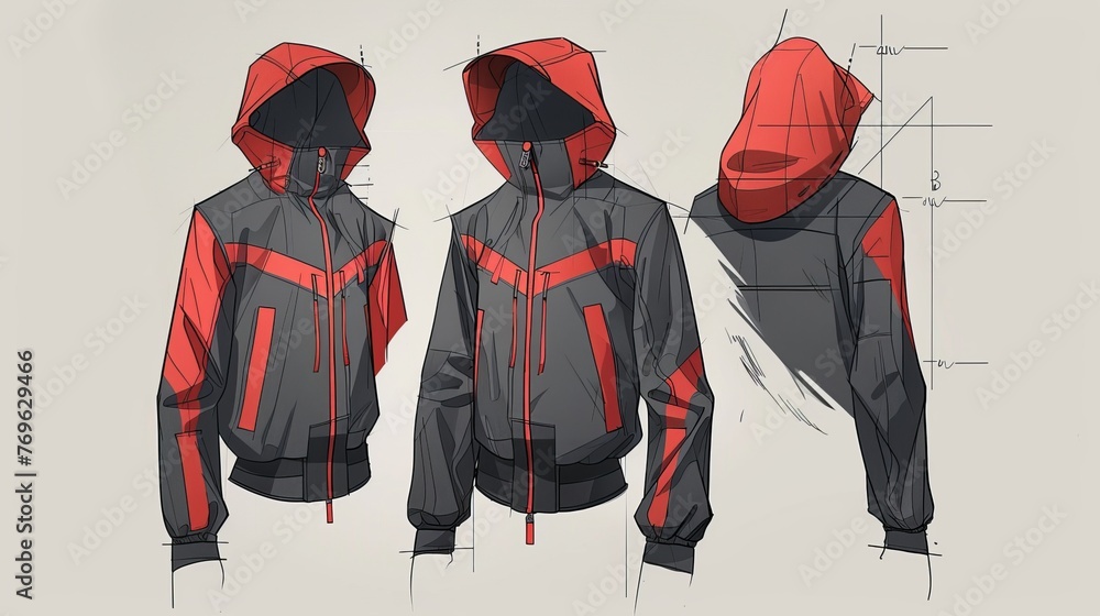 A fashion sketch of a men's hooded windbreaker jacket, presented as a ...