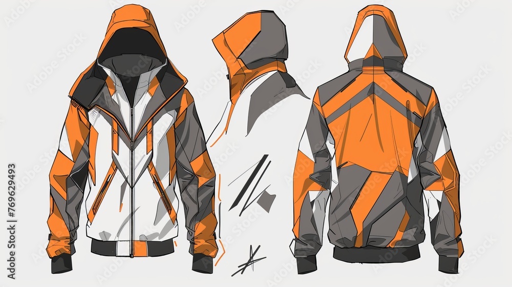 A fashion sketch of a men's hooded windbreaker jacket, presented as a ...