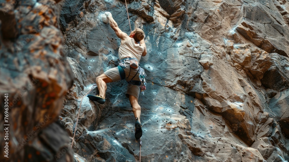 Daring rock climber is captured in mid-ascent,their determined ...
