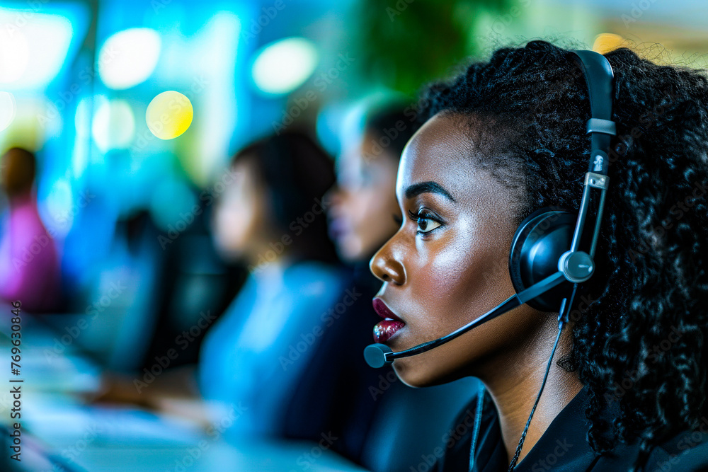 The image depicts professionals in an office setup with headsets ...
