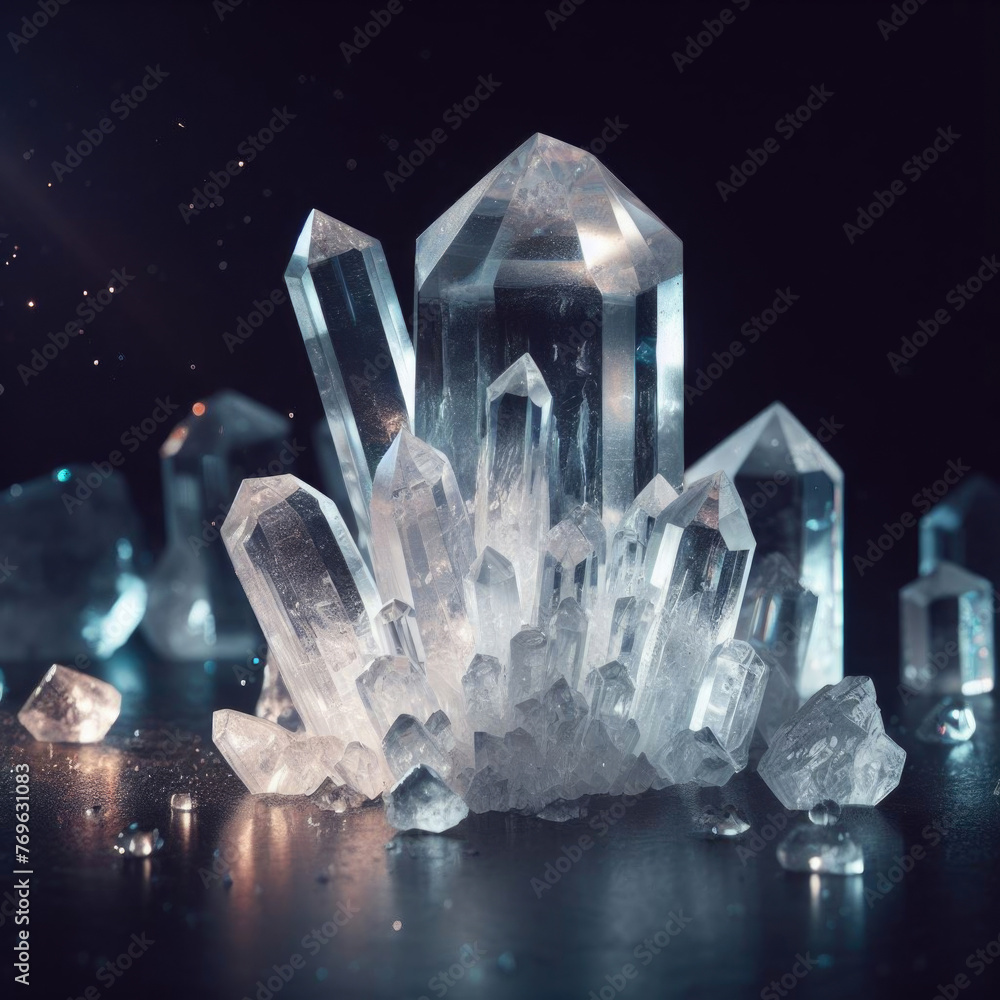 Pure Quartz crystal in the center of the frame. It is surrounded by ...