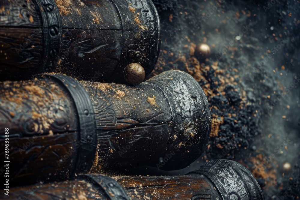 A detailed cannon and musket ball pattern set against a backdrop of ...