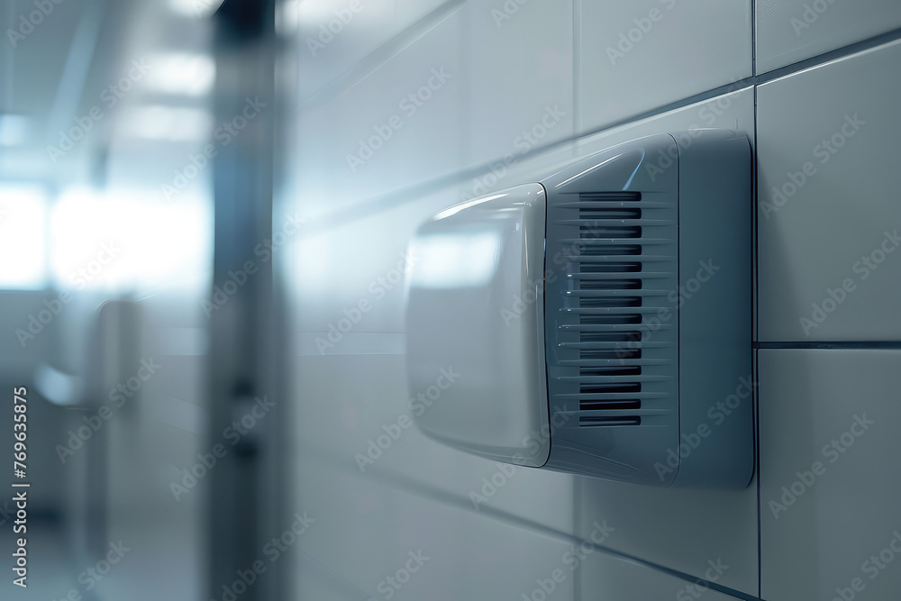 Hand Dryer in Public Restroom. Electronic hand dryer mounted on a tiled ...