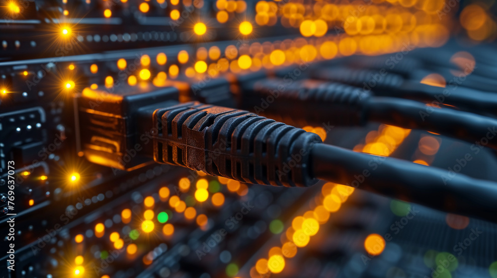 Internet LAN cable In a modern server room For storing and transmitting ...