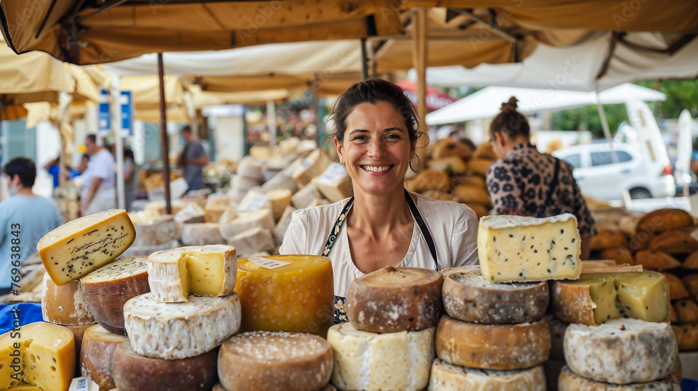 sur un stand de marché, une vendeuse souriante à côté de ses fromages ...
