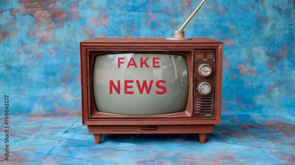 An antique television set portrays a scene of fake news, showcasing a ...