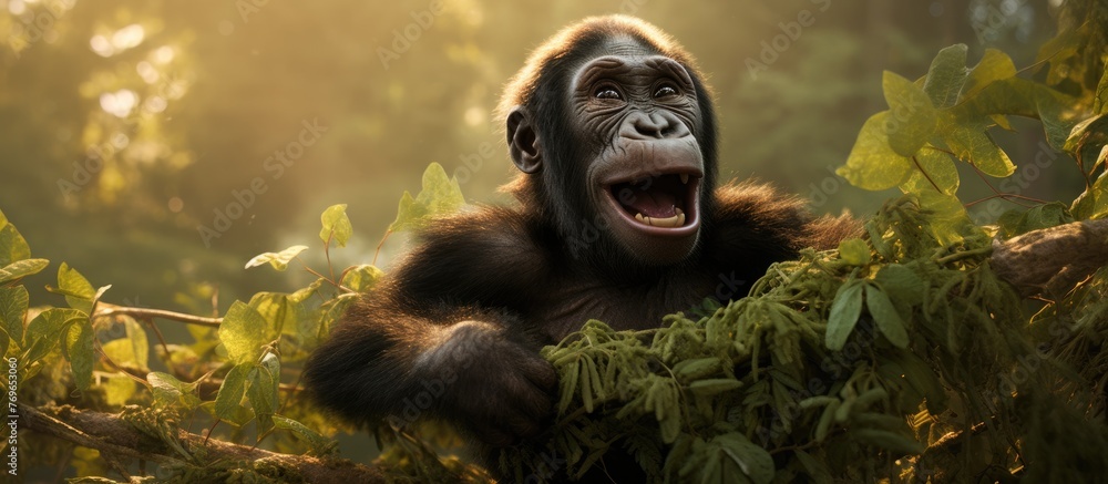 A primate, the chimpanzee, is perched in a tree with its mouth open in ...