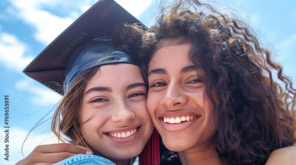 Two young women in graduation caps and gowns smiling and embracing each ...