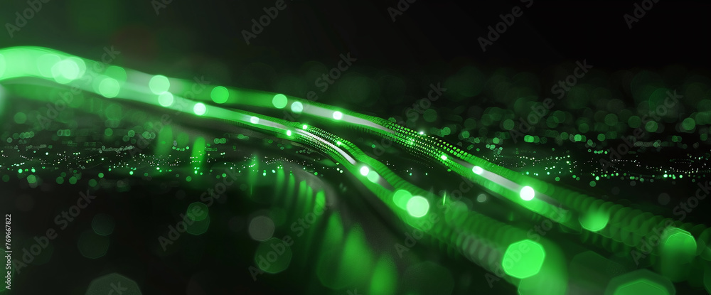 Abstract background of neon green light streams with a digital bokeh ...