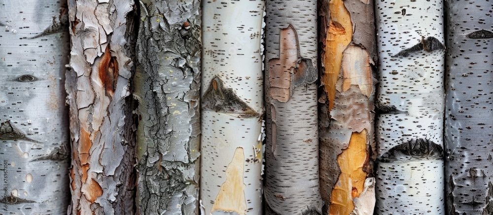 Variety of textures and shapes on birch tree bark. Background display ...