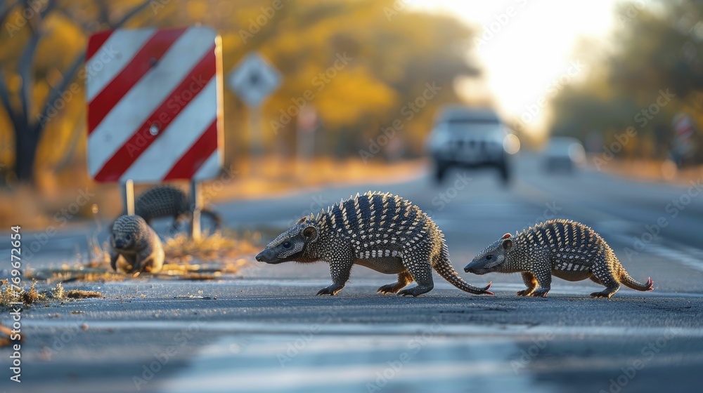 A family of armadillos crossing a busy road, protected by a pedestrian ...