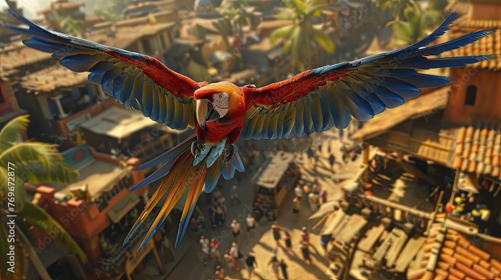 A vibrant macaw soars above a bustling market, adding to the lively ...