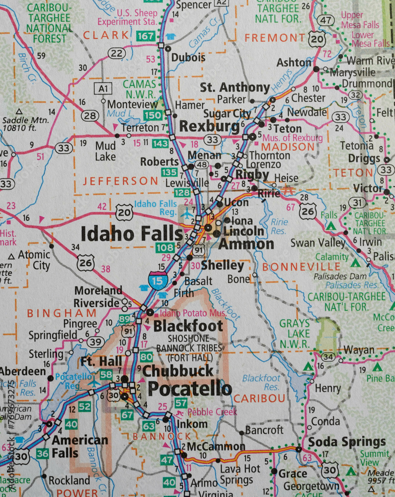Map of the Idaho Falls and Pocatello areas of Idaho on a road atlas ...