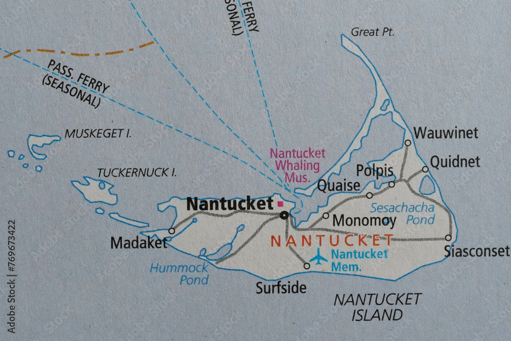 Map of Nantucket Island and ferry routes from the mainland taken from a ...
