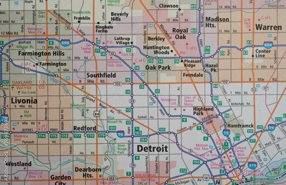 Map of Detroit, Michigan and its northern suburbs from a road atlas ...