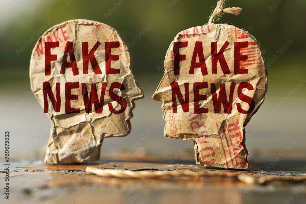 Two heads covered in bold text reading fake news. The words jump out ...