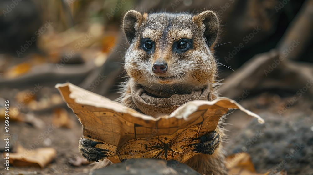 Mongoose with a map and compass, leading an expedition, embodying ...