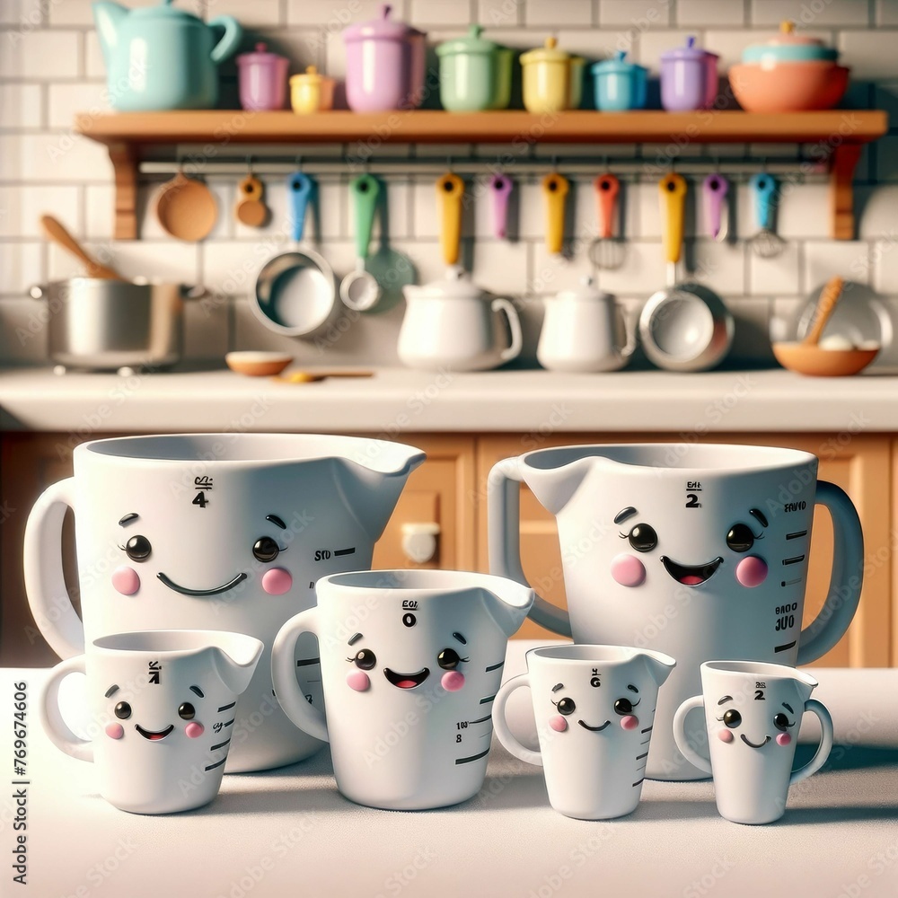 An adorable family of animated measuring cups with cheerful faces ...