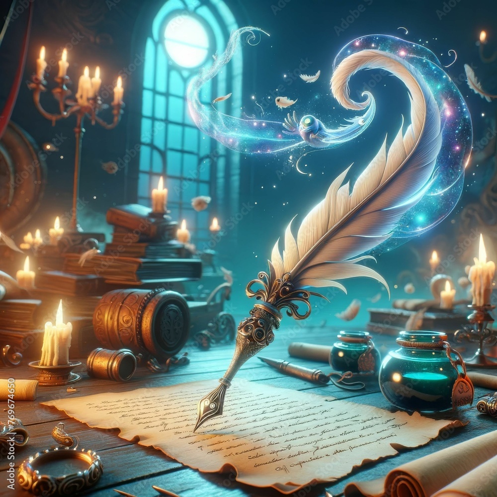 A celestial quill pen dances across a parchment in a wizard's study ...