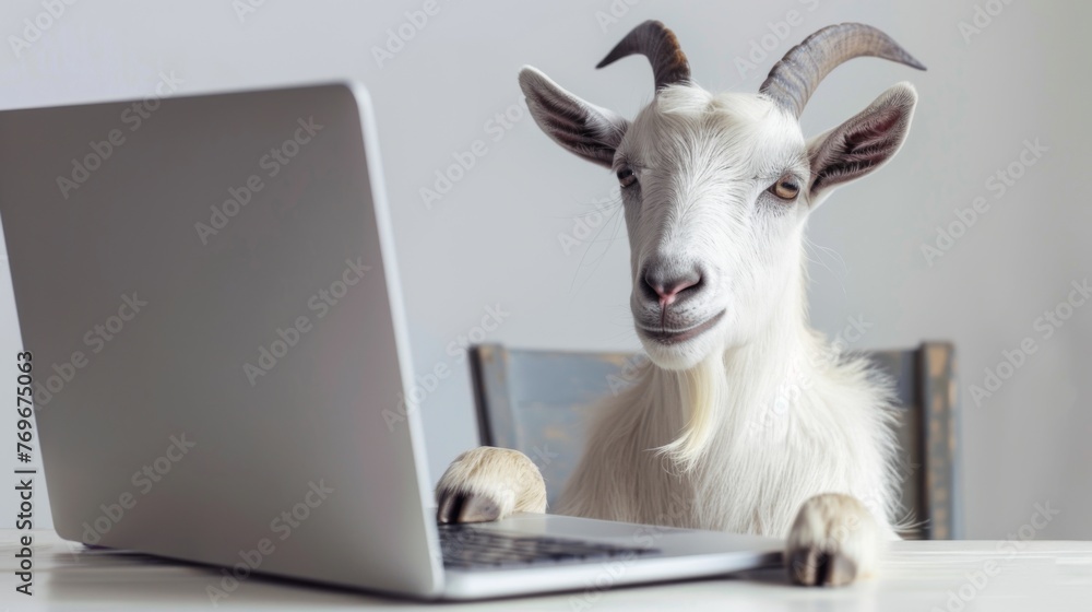 Funny goat sitting at a desk in front of a grey laptop. His paws are ...