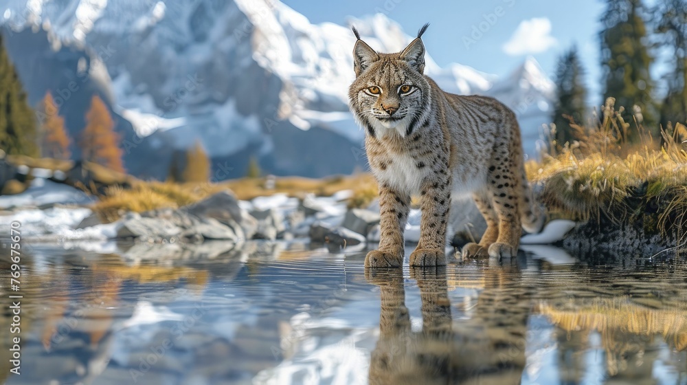 The reflection of a lynx in a crystal-clear mountain lake embodies self ...