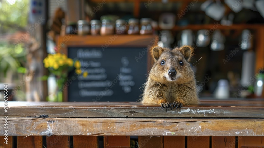 A charming quokka welcomes patrons at a quaint cafÃ©, its smile ...