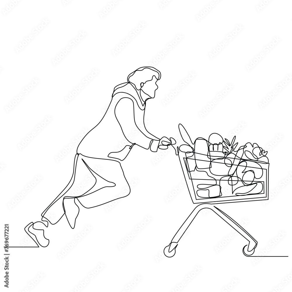 Continuous single line sketch drawing young happy man pushing shopping ...