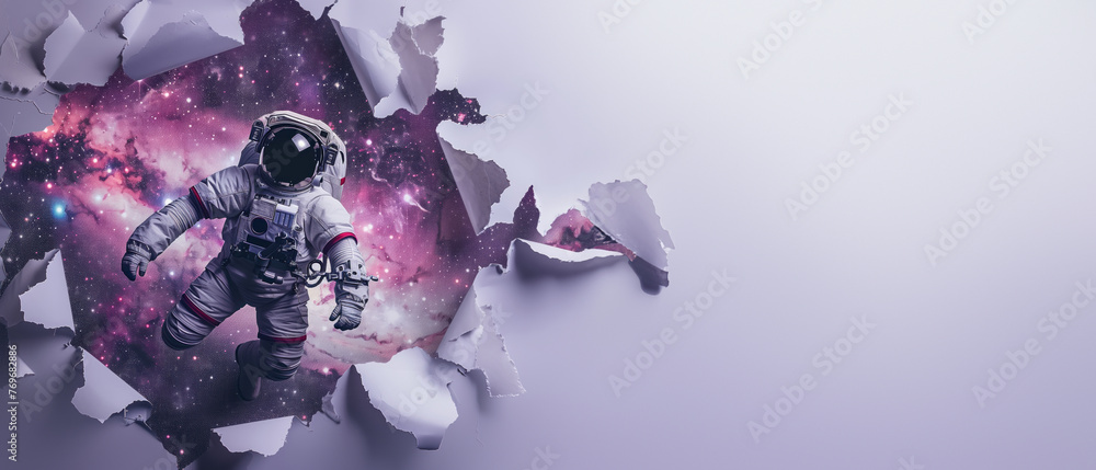 A space wanderer in a suit appears amidst a purple, star-filled ...