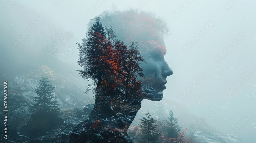 Abstract double exposure masterpiece Human form intertwines with nature ...