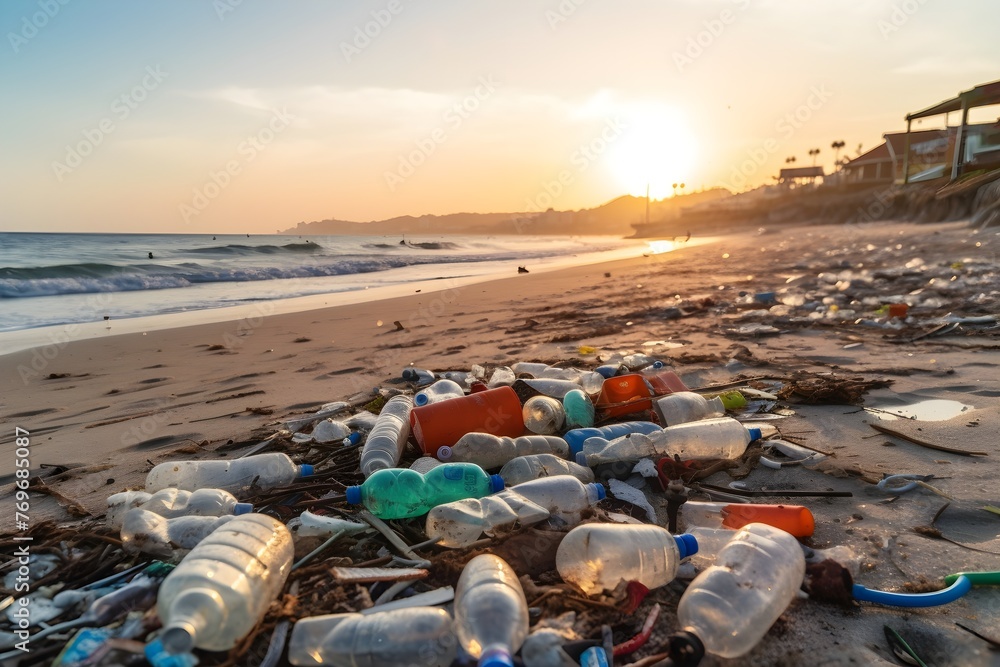 Beach covered with trash and plastic bottles and litter. Earth day ...